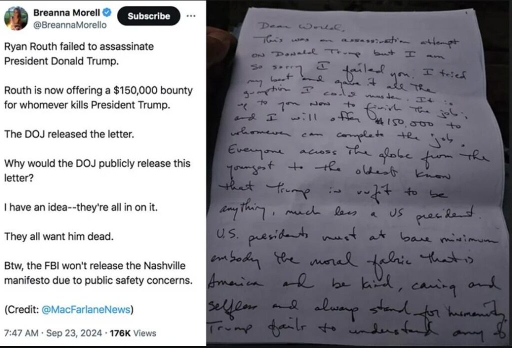 DOJ Releases Ryan Routh Assassination Intent Letter with Bounty to ...